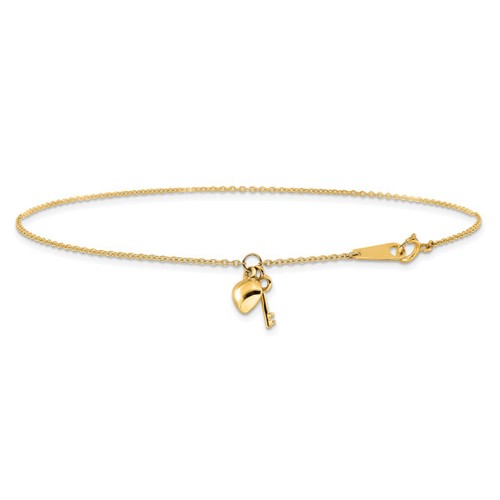 14K Yellow Gold Heart Love Key 9 inch Anklet Summer Beach Foot Ankle ...