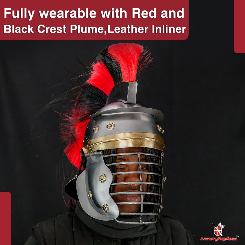 Roman Centurion Helmet | Face Protection | Black & Red Plume | 18G ...