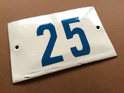 VINTAGE ENAMEL SIGN TIN PORCELAIN HOUSE NUMBER 25 DOOR GATE WHITE BLUE ...