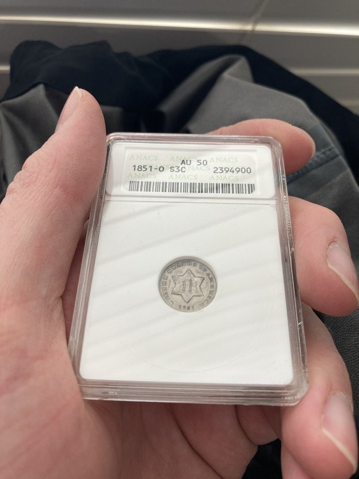 1851 O 3CS AU50 3 Three Cent Silver Piece SOAP BOX ANACS Trime Orleans ...