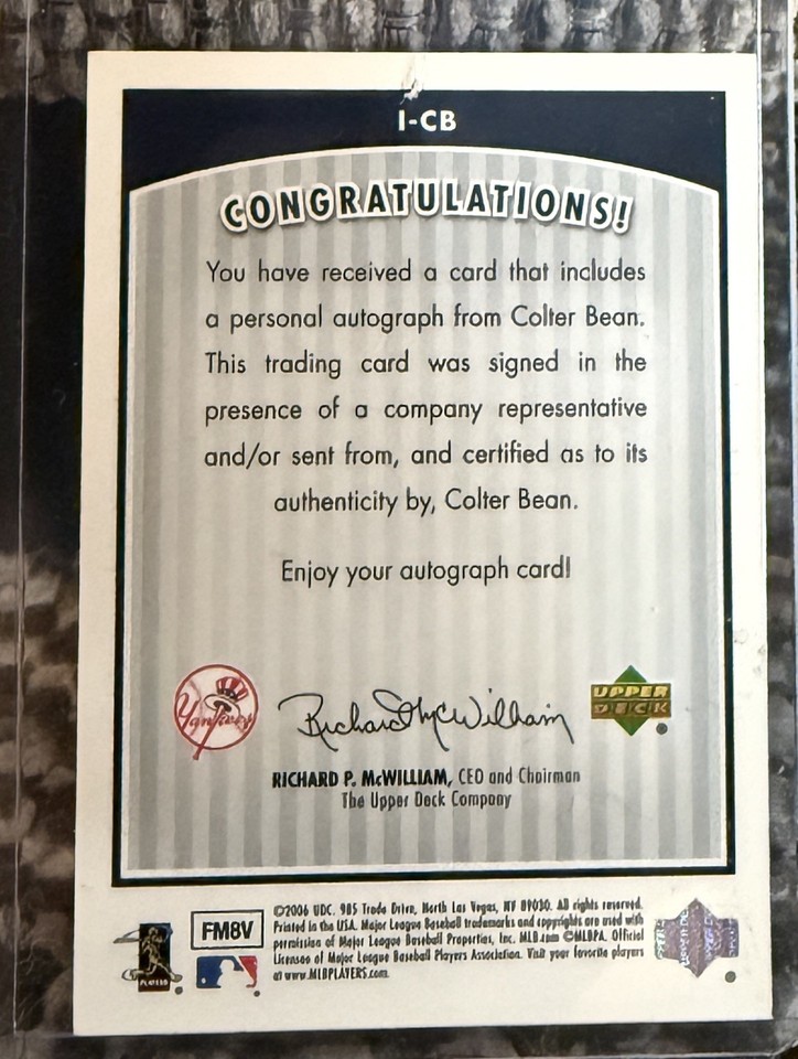 Upper Deck INK REDIBLE COLTER BEAN SIGNED card New York Yankees pitcher ...