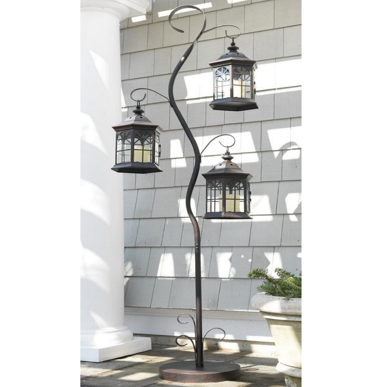 Large Iron Tree Lantern Holder Stand Gray with 3 Removable Candle Lamps ...