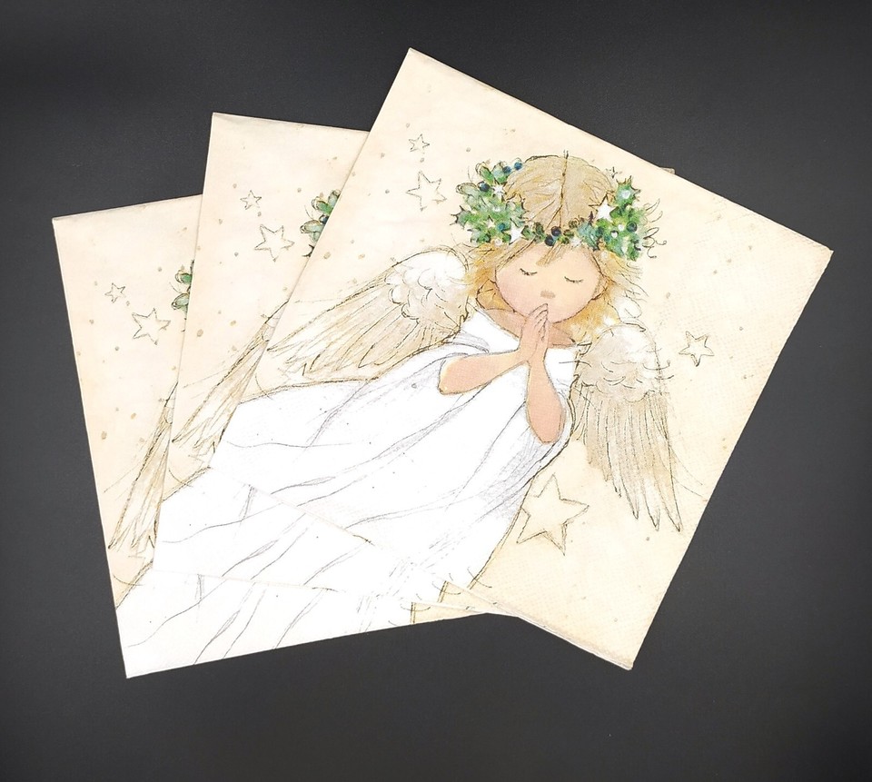 R524# 3 x Single Paper Napkins For Decoupage Christmas Praying Angel ...