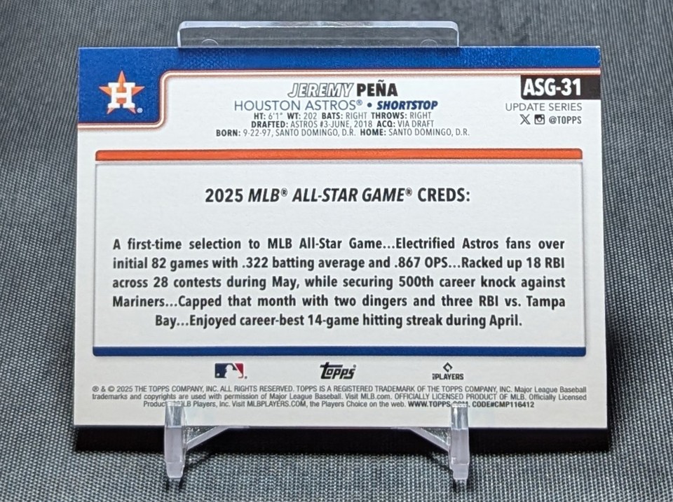 Jeremy Pena All-Star Game Foil 2025 Topps Update Series Card #ASG-31 ...