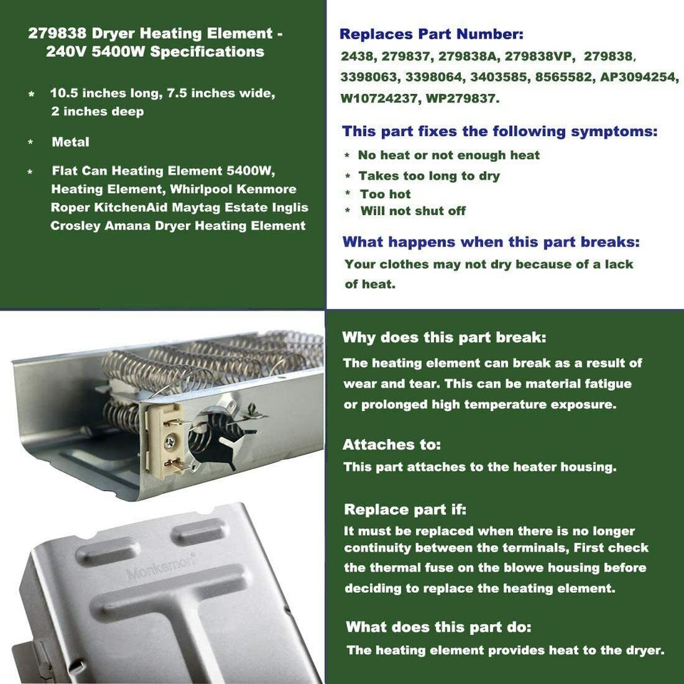 Dryer Heating Element Thermostat For Amana Roper NED4655EW1 Whirlpool ...