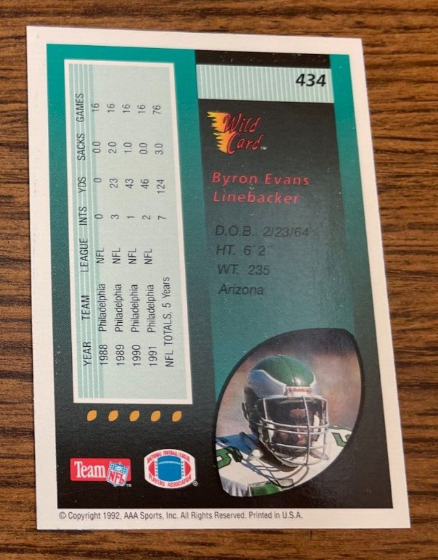 1992 Wild Card # 434 Byron Evans - Philadelphia Eagles | eBay