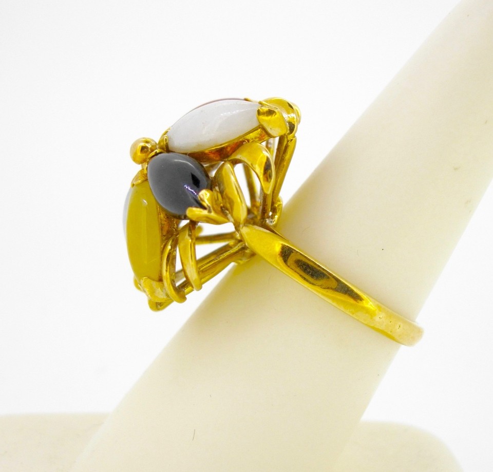 Ring 14K yellow gold MULTI COLOR JADE cluster blk yel grn red lav whit ...