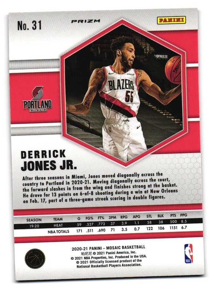 2020-21 Panini Mosaic DERRICK JONES JR Trail Blazers #31 Pink Camo ...