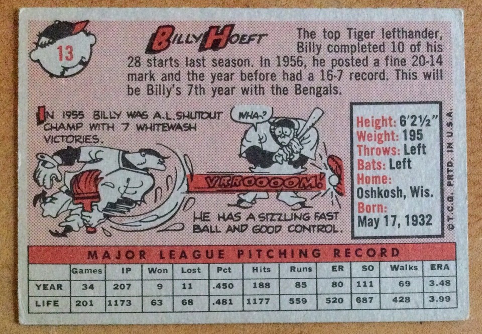 1958 Topps #13 Billy Hoeft (yellow triangle), Detroit Tigers, VG-EX | eBay