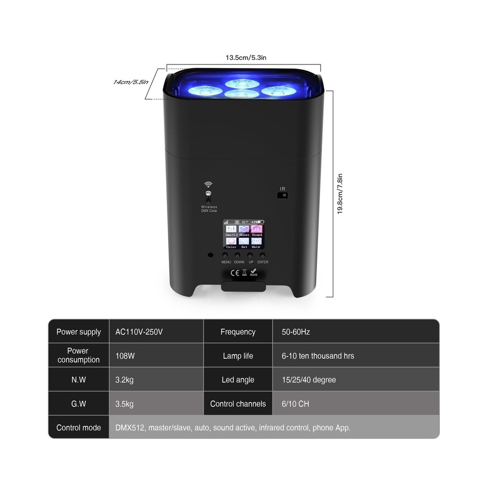 Battery Powered Uplights Rechargeable Par Can 6x18W RGBWA+UV led ...