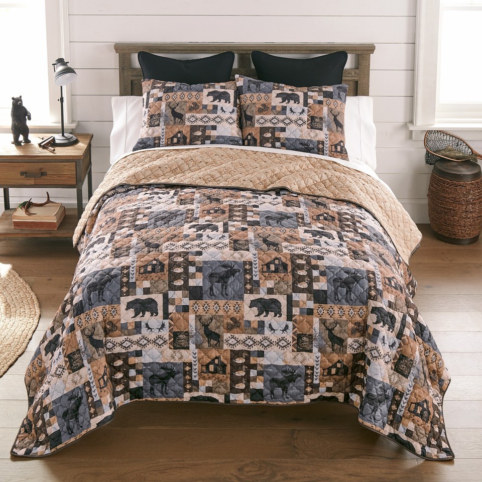 Donna Sharp Kila Cozy Log Cabin 3-Pc Quilt Set Bear Moose Reversible ...