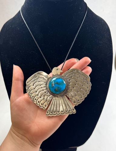 Large Navajo Handmade Sterling Silver Turquoise Thunder Bird Pendant | eBay