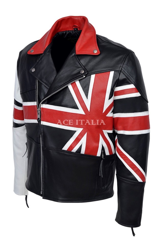 Men's BRANDO UNION JACK Motorcycle BRITISH FLAG Biker Hide Real Leather ...