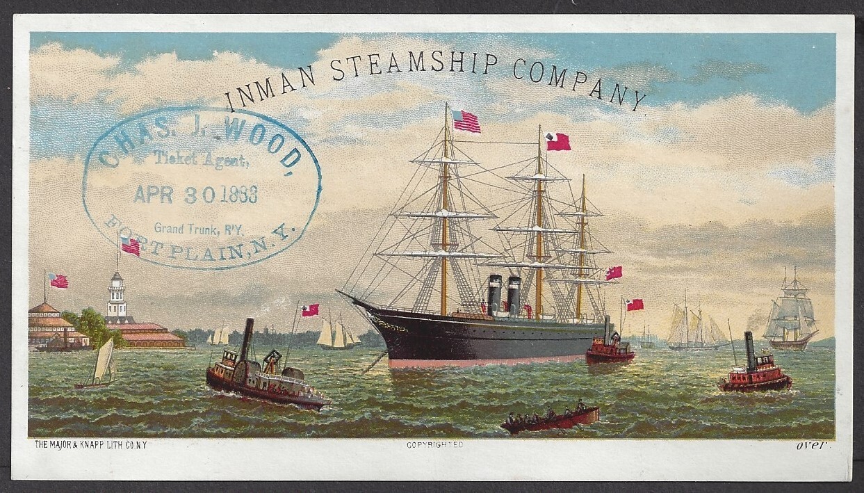 INMAN STEAMSHIP COMPANY LITHOGRAPHED COLOR TRADE CARD 1883 STEAM ...