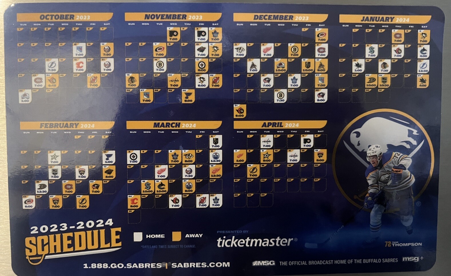 2023-24 Buffalo Sabres Schedule Magnet. Tage Thompson. In Game Handout ...