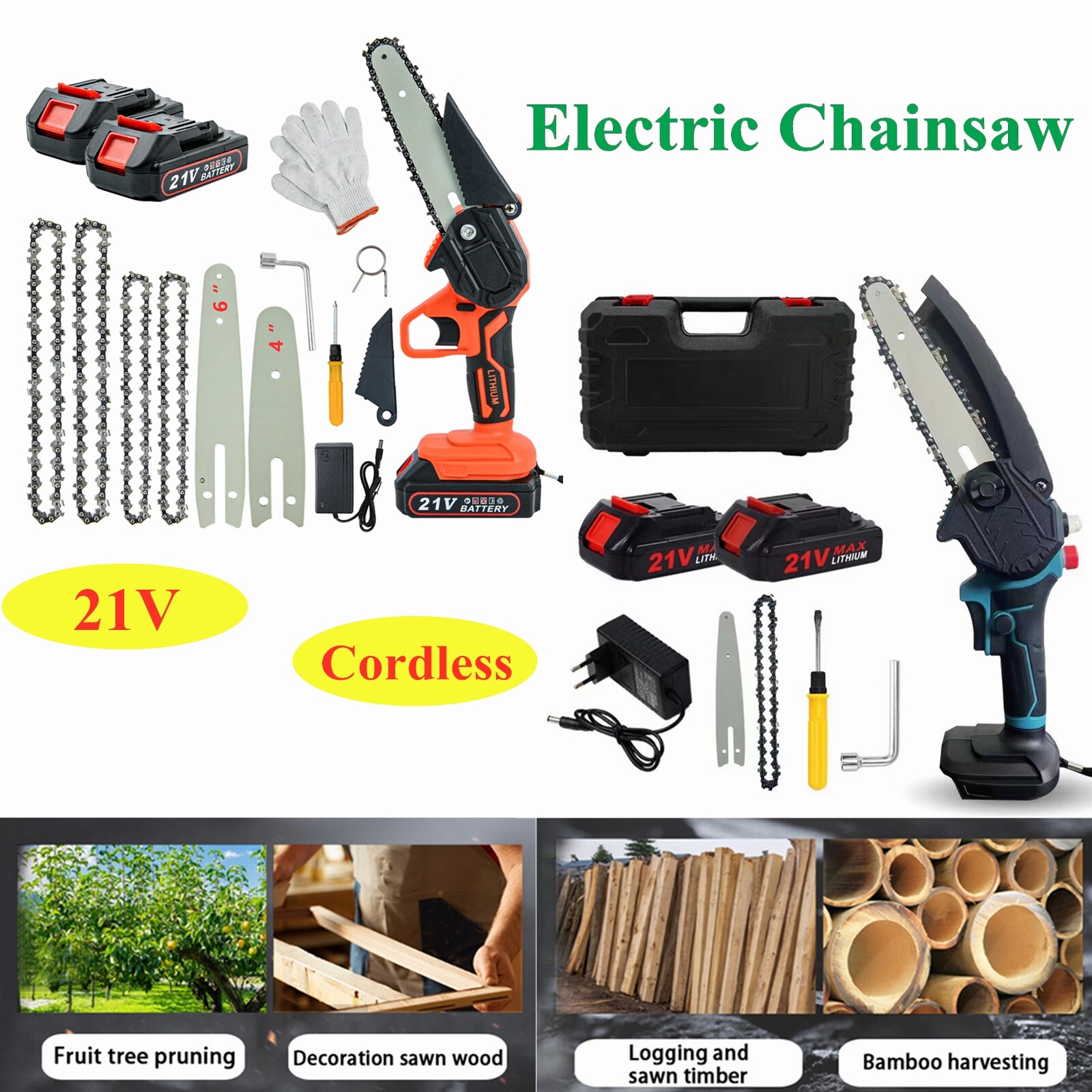 21V Cordless Chainsaw Electric Chain Saw Wood Cutter Set Handheld Power ...