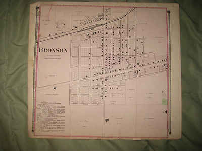 SUPERB RARE ANTIQUE 1872 BRONSON BRANCH COUNTY MICHIGAN HANDCOLORED MAP ...