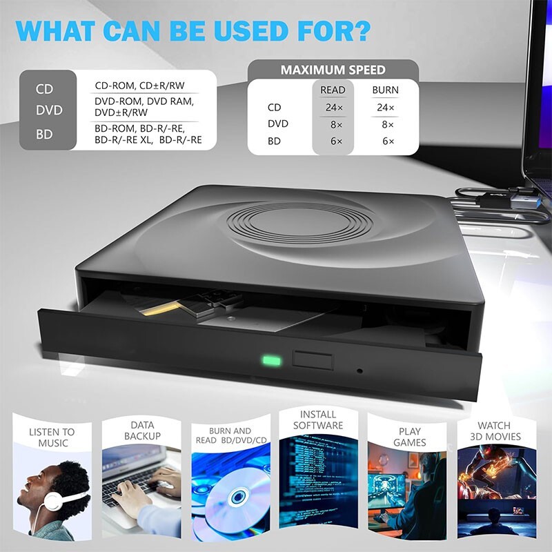 External Blu ray Drive, Portable 3D Bluray Optical Drive, CD DVD Burner ...