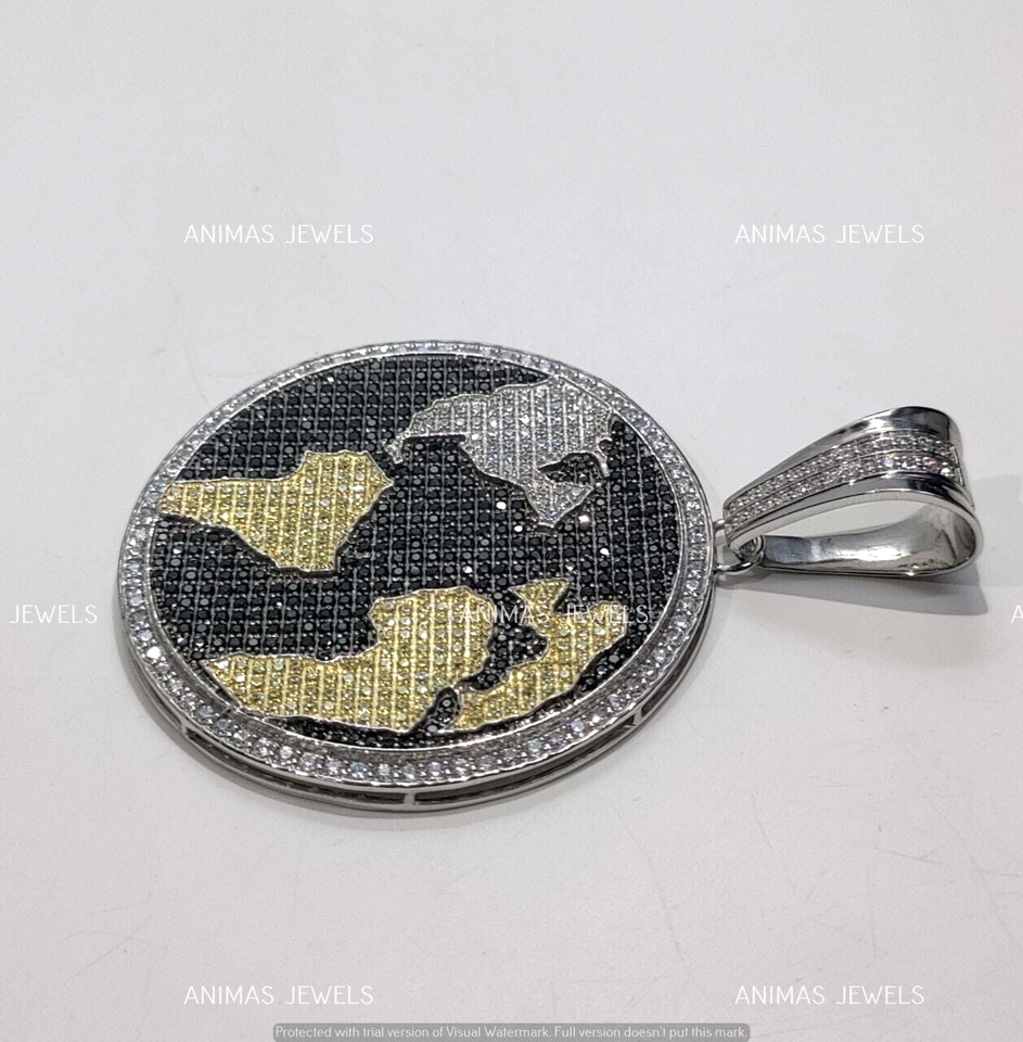 925 Sterling Silver Pendant 3.50 CT Lab-Created Diamond Men's World Map ...