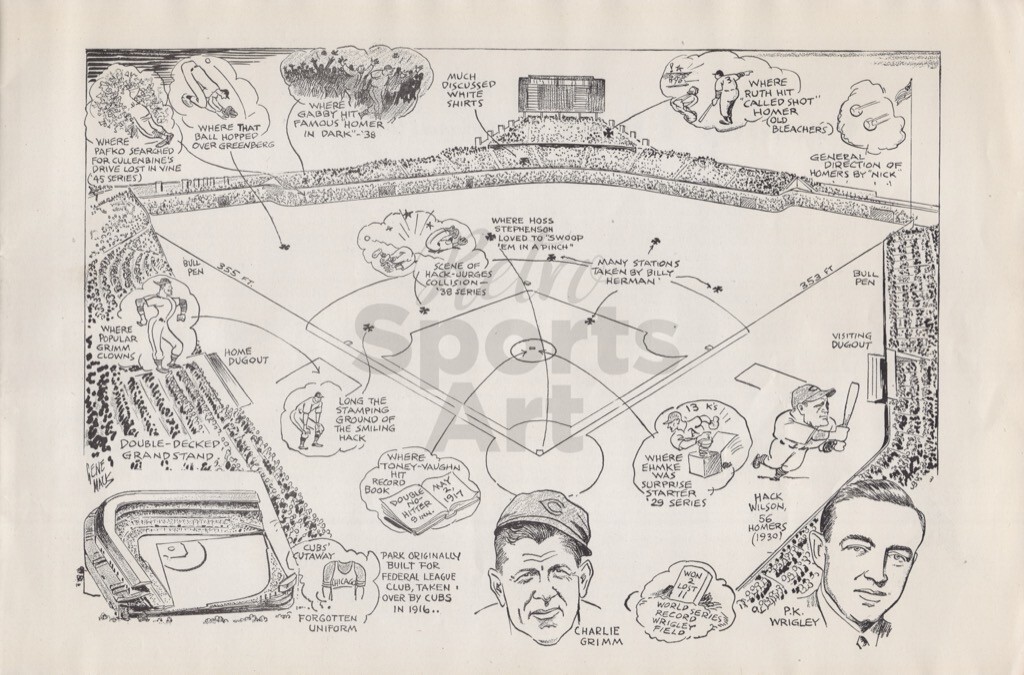 Illustrated Ballpark Crosley Field 1947 Cartoon Drawing 8x12 Cincinnati ...