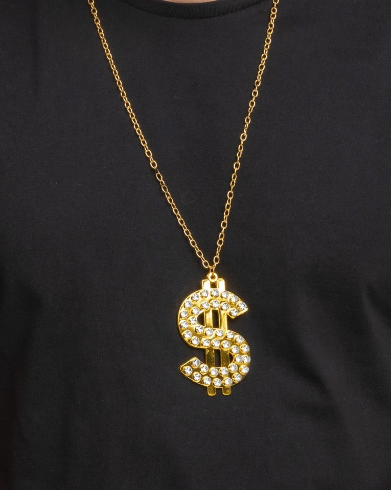 Gold Dollar Sign Necklace Chav Pimp Rapper Gangster Fancy Dress ...