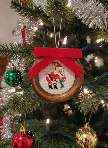 Vtg Cross Stitch Christmas Santa Claus Filling Stocking Framed Ornament ...