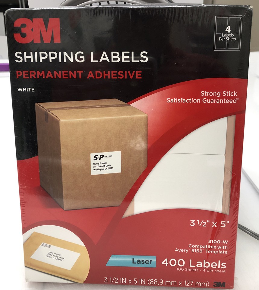 3M 3100-W White Shipping Labels 3.5" x 5” Laser 100 Sheets/ 400 Labels ...