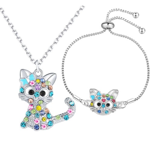 Lovely Rainbow Rhinestone Cat Jewelry Set For Girls Pendant Necklace ...