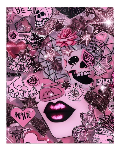 Edgy Pink Collage Wall Art Poster - Skulls & Roses Design Home Decor ...