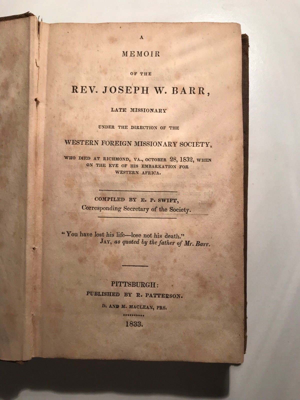 A Memoir of the Rev. Joseph W. Barr (1833) 1st Edition RARE | eBay
