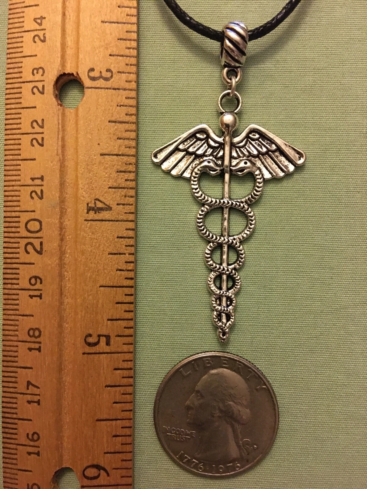 CADUCEUS NECKLACE - Pewter on 18” Black Faux Leather Cord MEDICAL NURSE ...