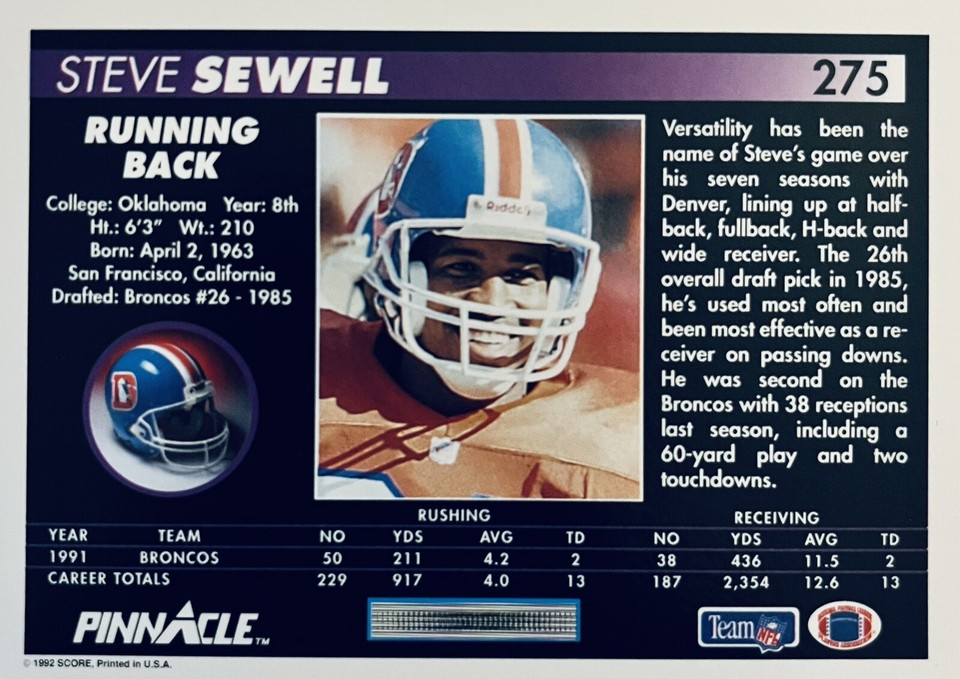 Brand New: Vintage 1992 Pinnacle Steve Sewell Denver Broncos Trading ...