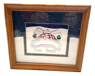 Vintage Original Framed Snowman Snow Angels Watercolor Hand Painted ...