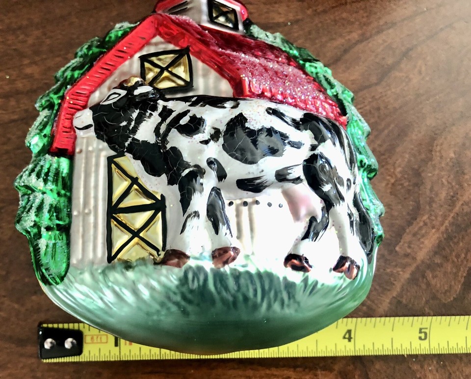 Lg. Black Holstein Cow W/barn Glass Christmas Ornament ~ Germany | eBay