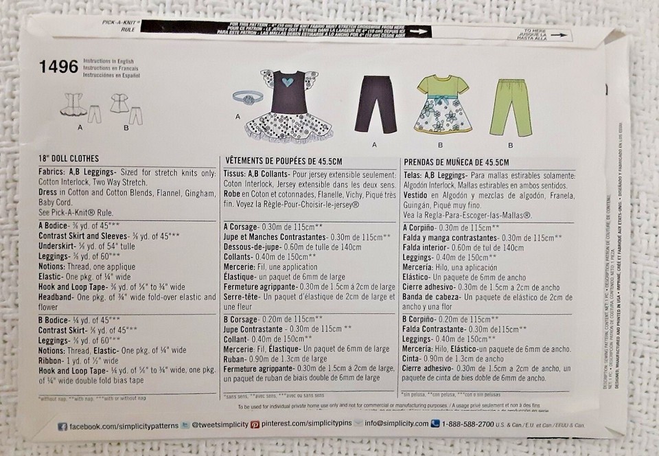 Simplicity Pattern 1496 18" Doll Clothes Sewing Craft Project Pattern ...