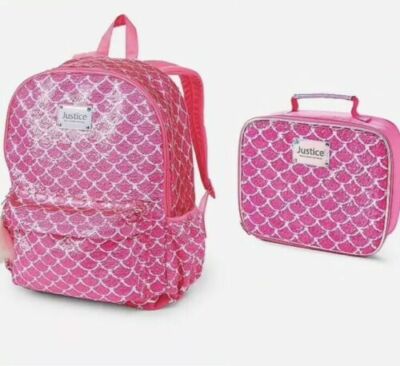 Justice Girl's Pink Mermaid Sequin Sparkle Backpack & Lunch Tote Set ...