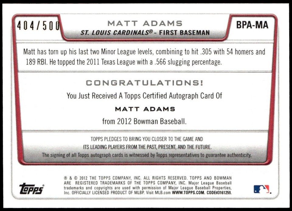 2012 Bowman #BPA-MA Matt Adams Prospect Autographs Blue #/500 E1 | eBay UK