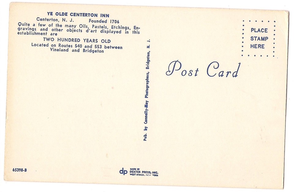 YE OLDE CENTERTON INN Objects D'art Hotel Rts 540 553 New Jersey ...