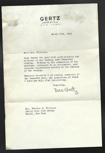 1941 Long Island, NY - Gertz Department Store Letter Signed by Max ...
