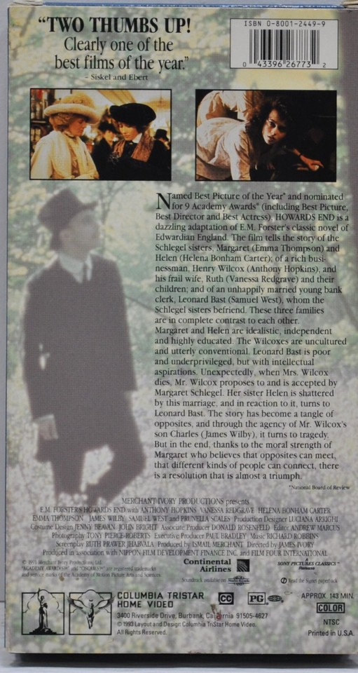 Howards End - VHS - Anthony Hopkins - Helena Bonham Carter - Vanessa ...