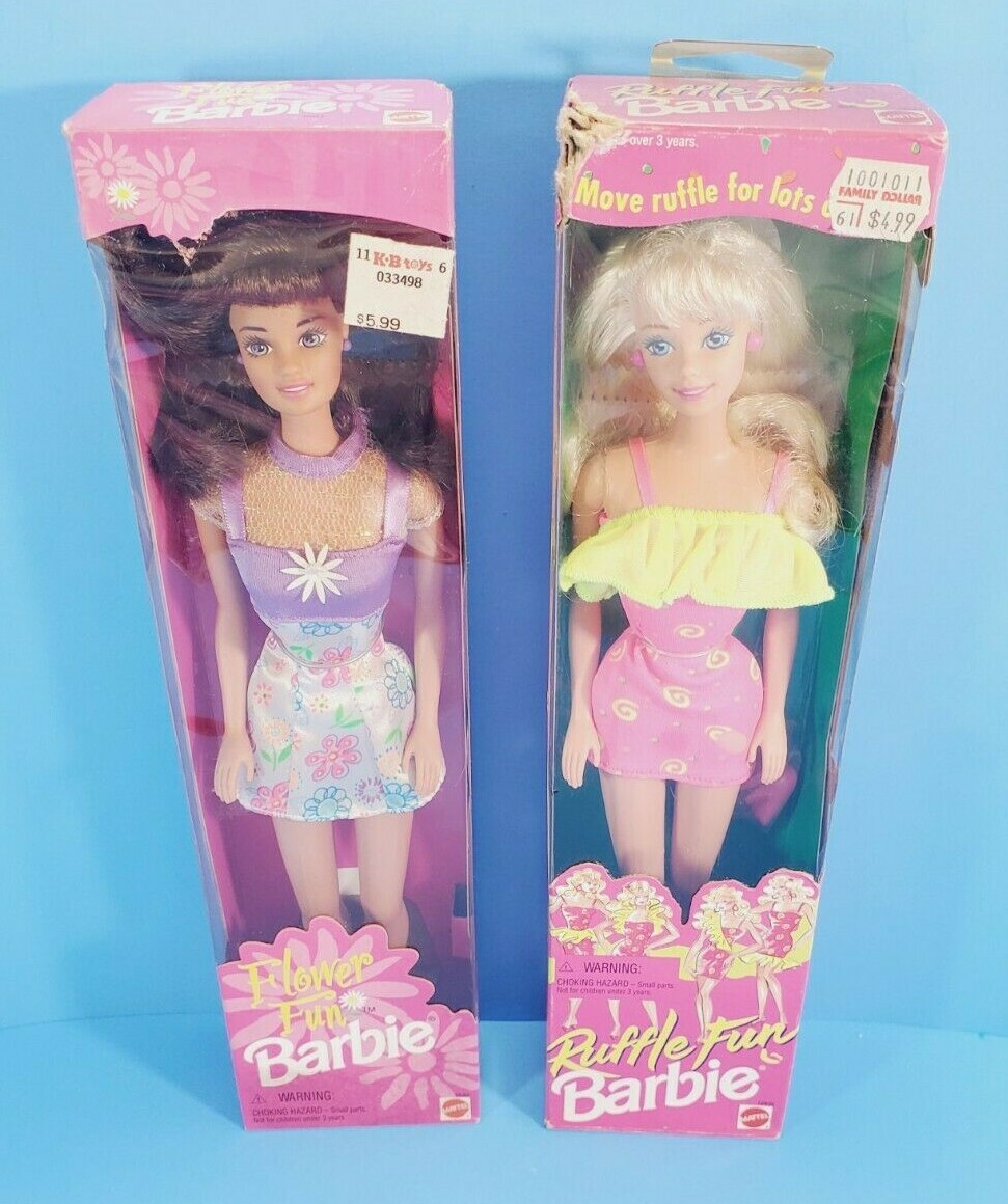Lot Two (2) NEW Barbie Dolls 1994 Ruffle Fun #12433 & 1996 Flower Fun ...