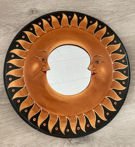Mirror Sun Themed Hand Carved Art Display Round Wooden Wall Accent Gift ...