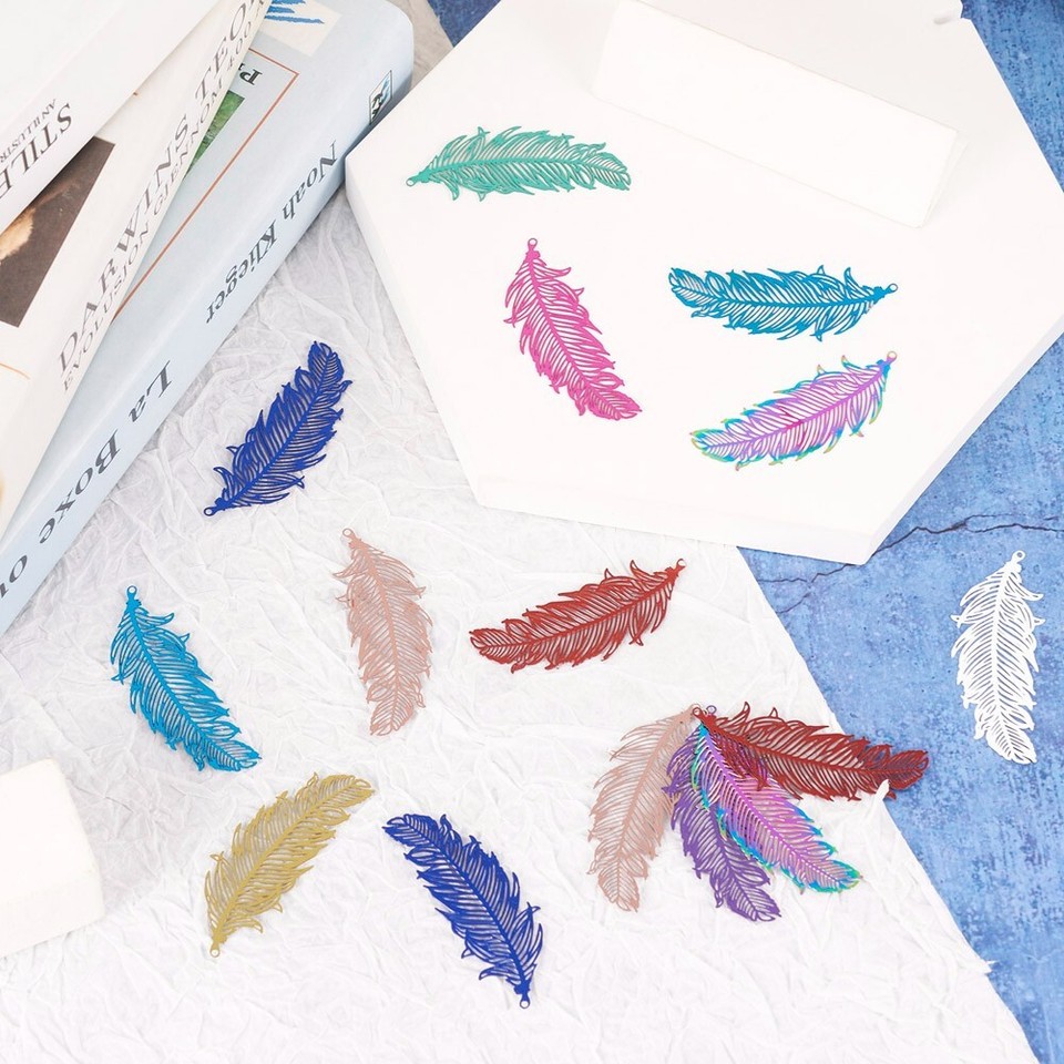 40Pcs Stainless Steel Filigree Feather Pendants Etched Metal ...