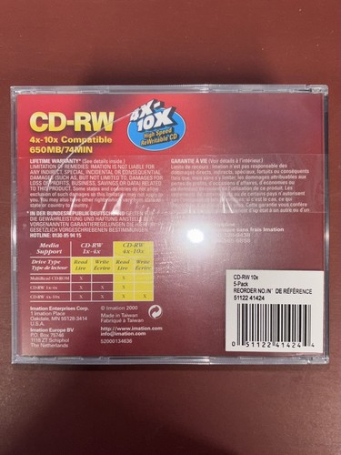 5 Pack Imation CD-RW 4x-10x 650 MB/74 Min Compatible Blank Re-Writable ...