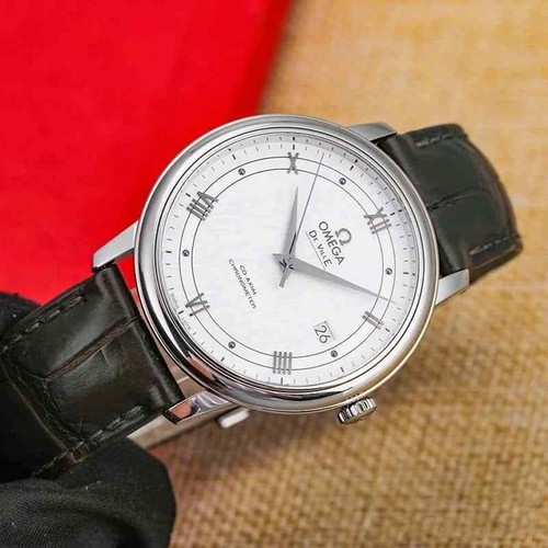 Omega De Ville Silver Tone Roman Numerals Black Leather Band Date ...