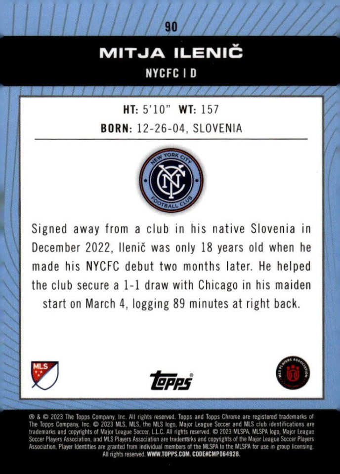 MITJA ILENIC RC 2023 Topps Chrome MLS Refractor Speckle #90 ROOKIE Socc ...