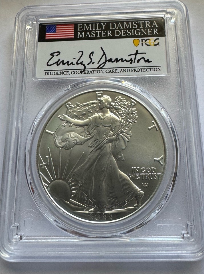 2022 SILVER EAGLE PCGS MS70 EMILY DAMSTRA HAND SIGNED FLAG LABEL # 37 ...