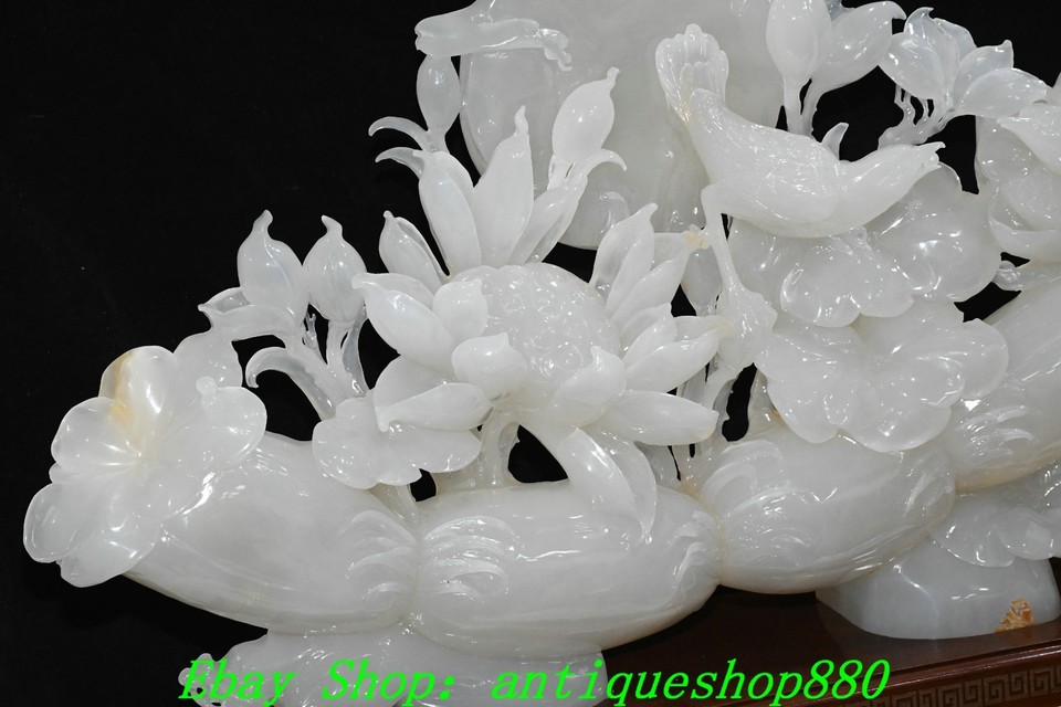 36.2''Chinese Natural White Jade Carving Fengshui Lotus Flower Birds ...