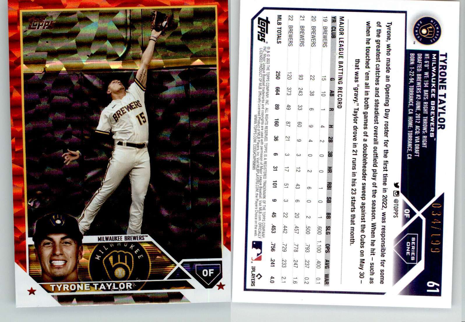 Tyrone Taylor 2023 Topps Red Foilboard #61 /199 Brewers | eBay