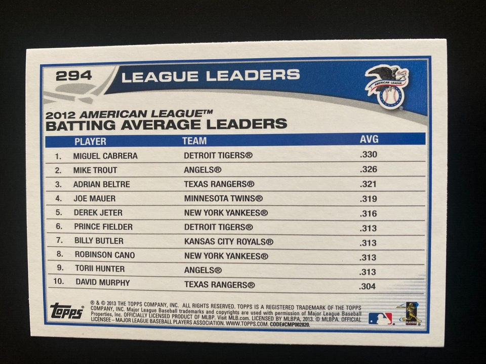 2013 Topps AL Batting Leaders Mike Trout, Miguel Cabrera, Beltre #294 ...